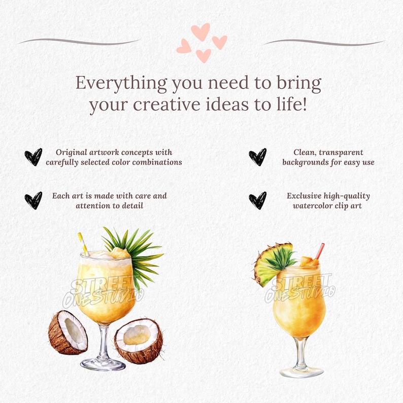 Watercolor Pina Colada Clipart: Tropical Drink PNG Graphics (digital ...