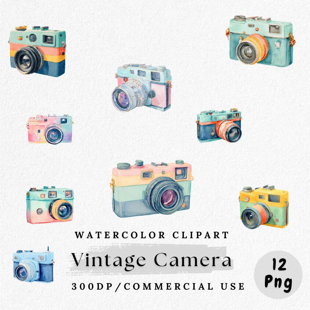 Watercolor Vintage Camera Clipart: Retro Photography PNG (digital ...