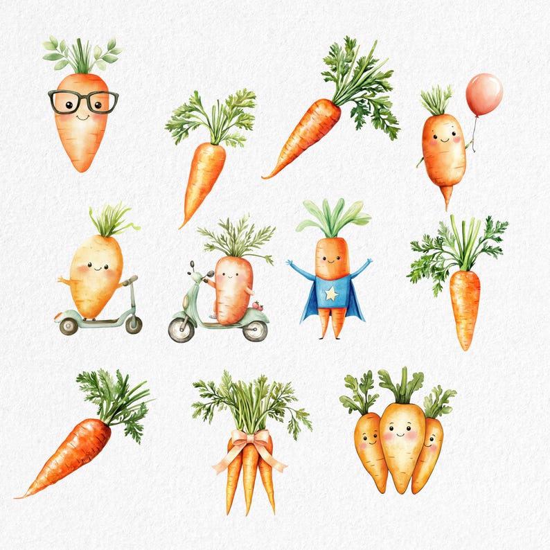 Carrot Clipart Bundle, Cute Carrot PNG, Watercolor Vegetable Clipart ...