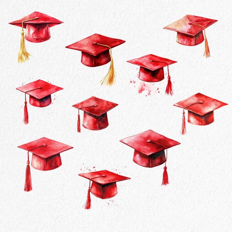 Watercolor Red Graduation Cap Clipart: 10 PNG Files (digital Download ...