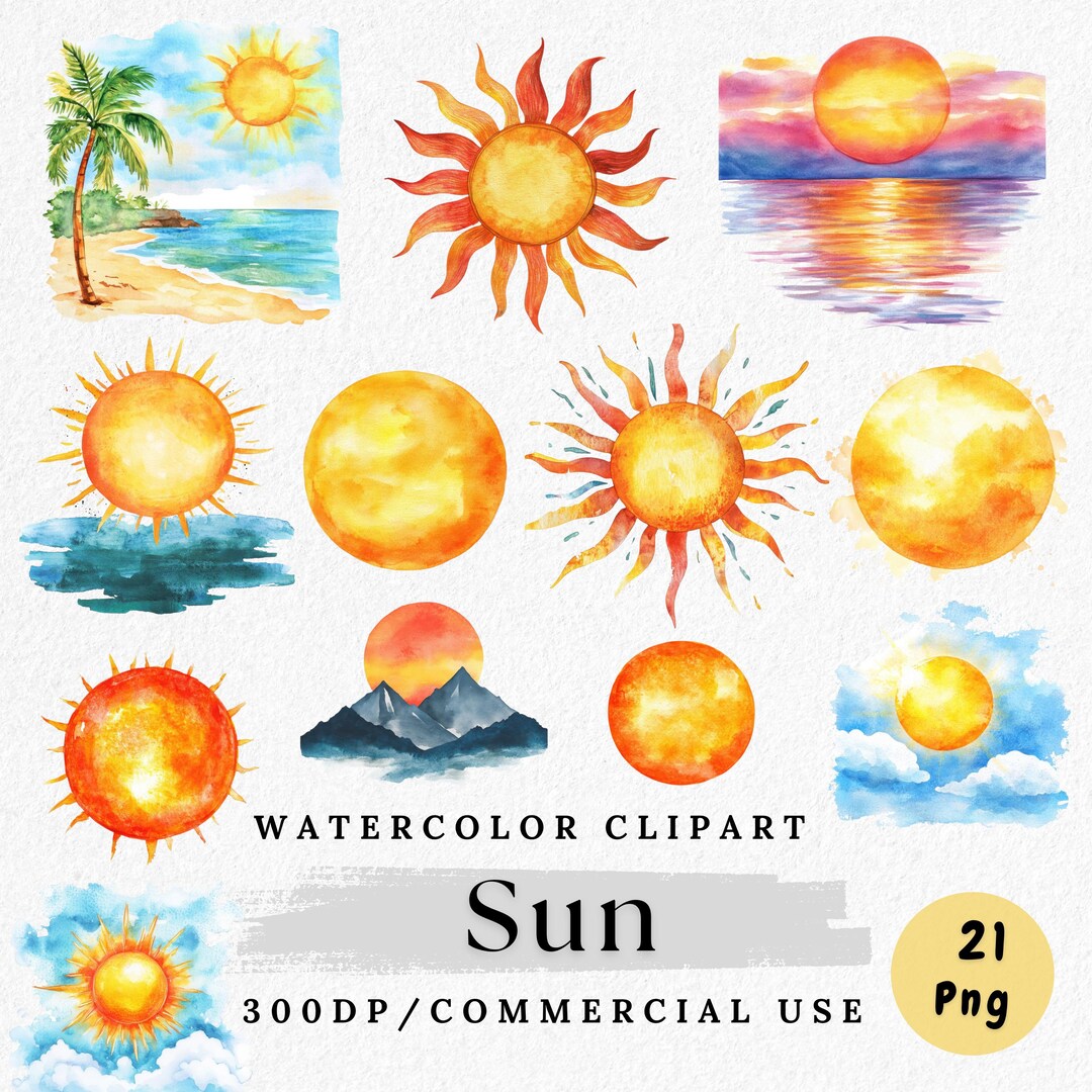 Sun Clipart, Watercolor Sun PNG, Bright Sun Art, Sunshine Clip Art ...