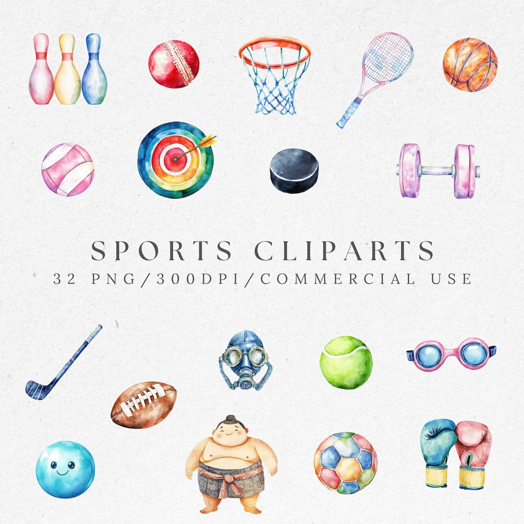 Watercolor Sports Clipart: Equipment & Balls PNG (digital Download) - Etsy