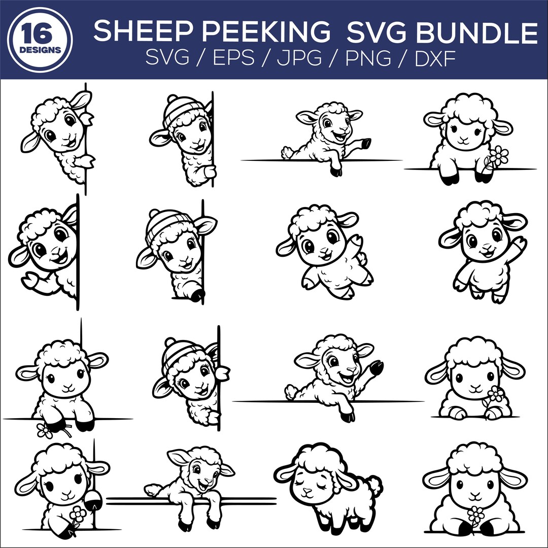 Peeking Sheep SVG Bundle for Cricut, Cute Farm Animal Peek Line Art ...
