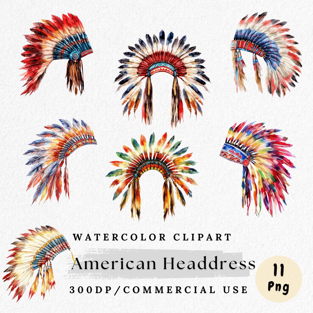 Native American Headdress Clipart, Watercolor Tribal Headpiece PNG ...
