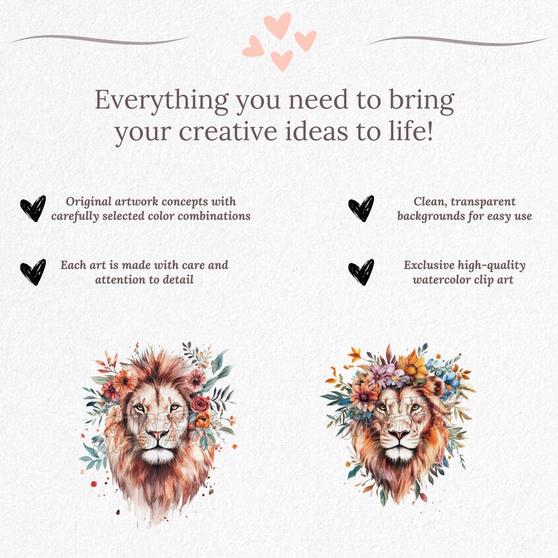 Floral Lion Clipart: Watercolor Jungle Animal PNG (digital Download, 11 ...