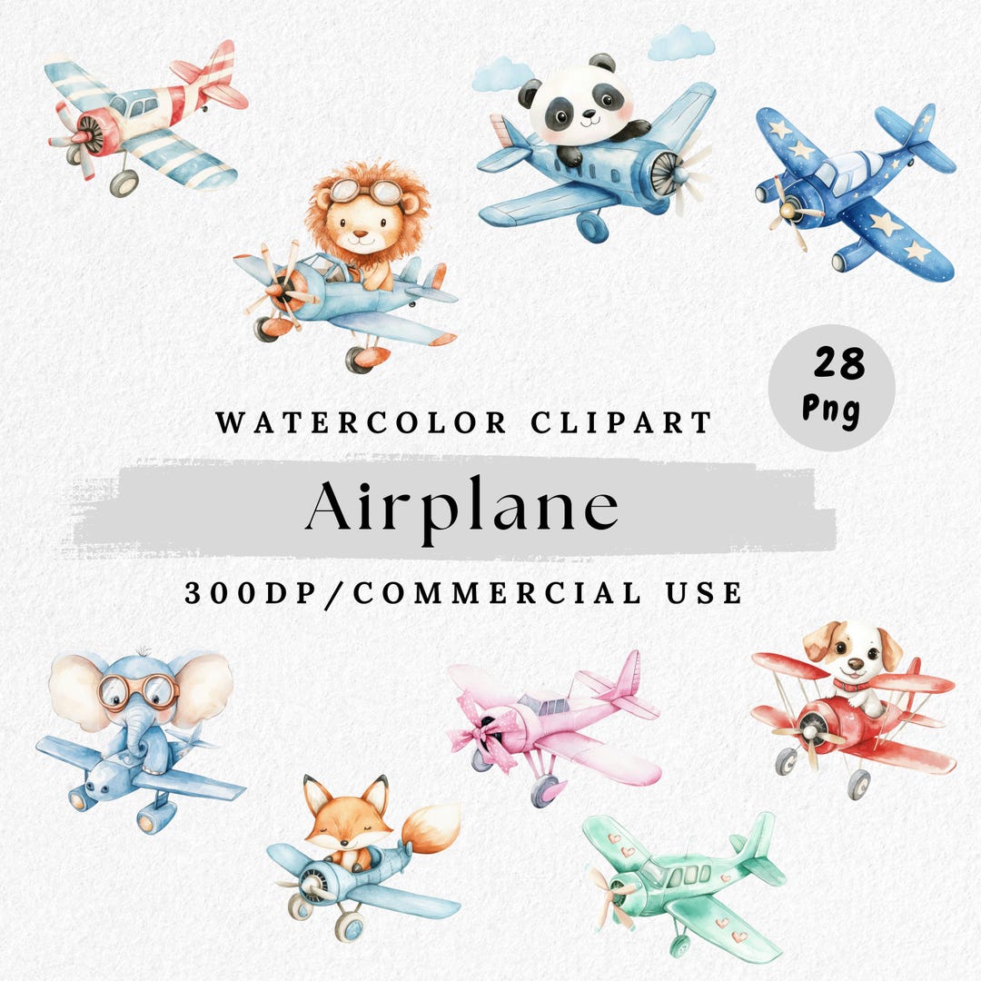 Watercolor Airplane Clipart Bundle, Cute Animal Pilots PNG, Travel ...
