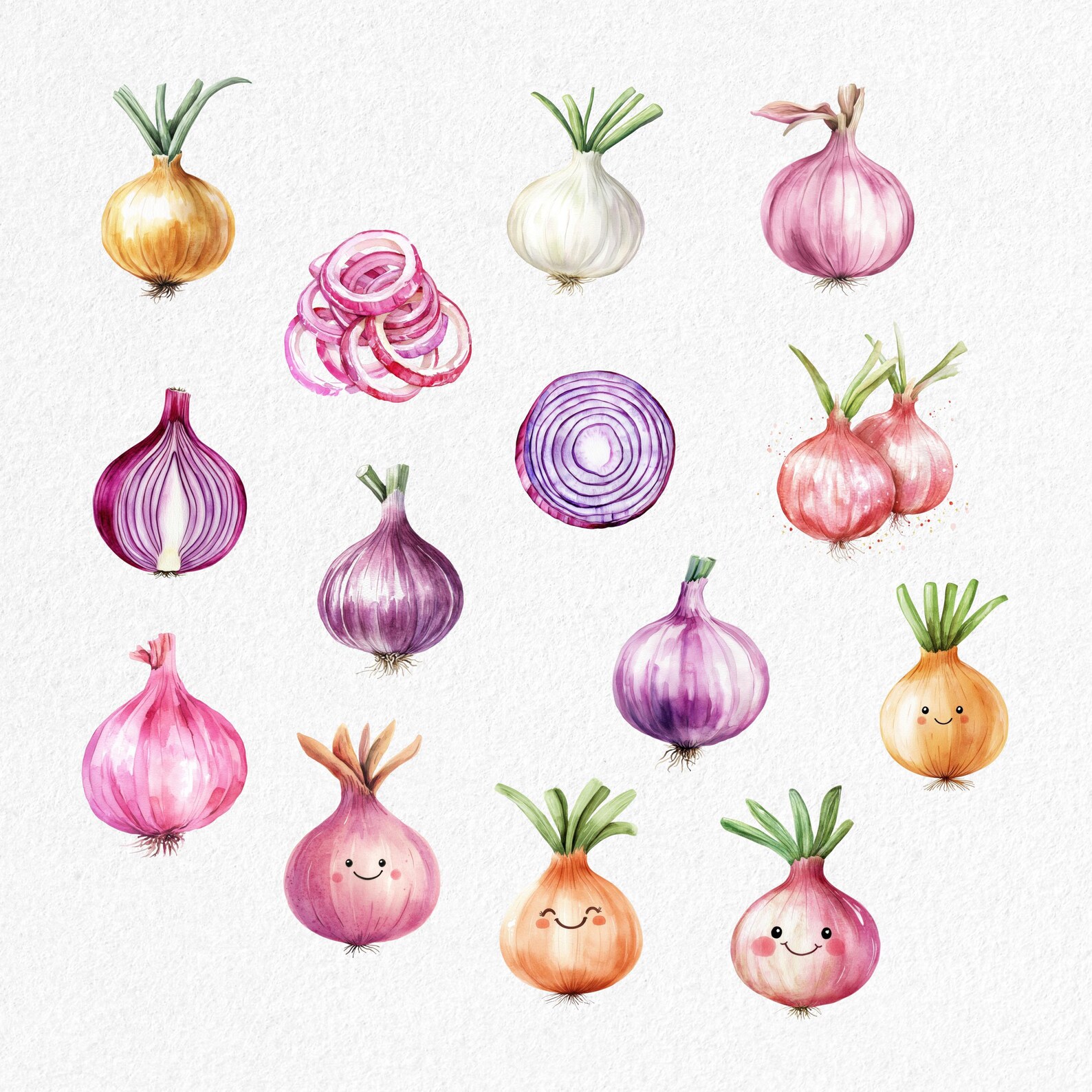 Cute Onion Clipart Bundle, Kawaii Onion Character PNG, Watercolor ...
