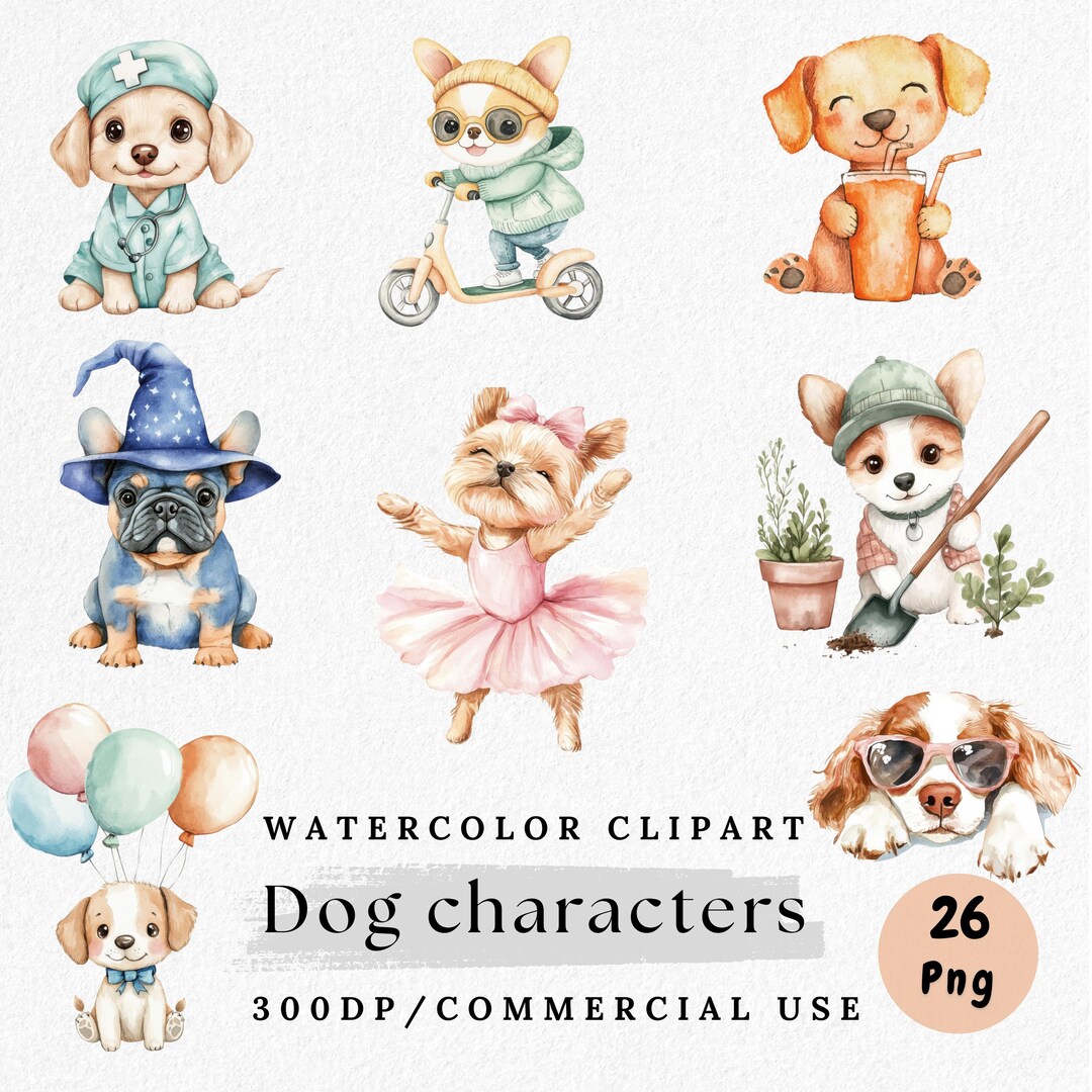 Cute Dog Character Clipart Bundle, Cartoon Puppy PNG, Watercolor Dog ...