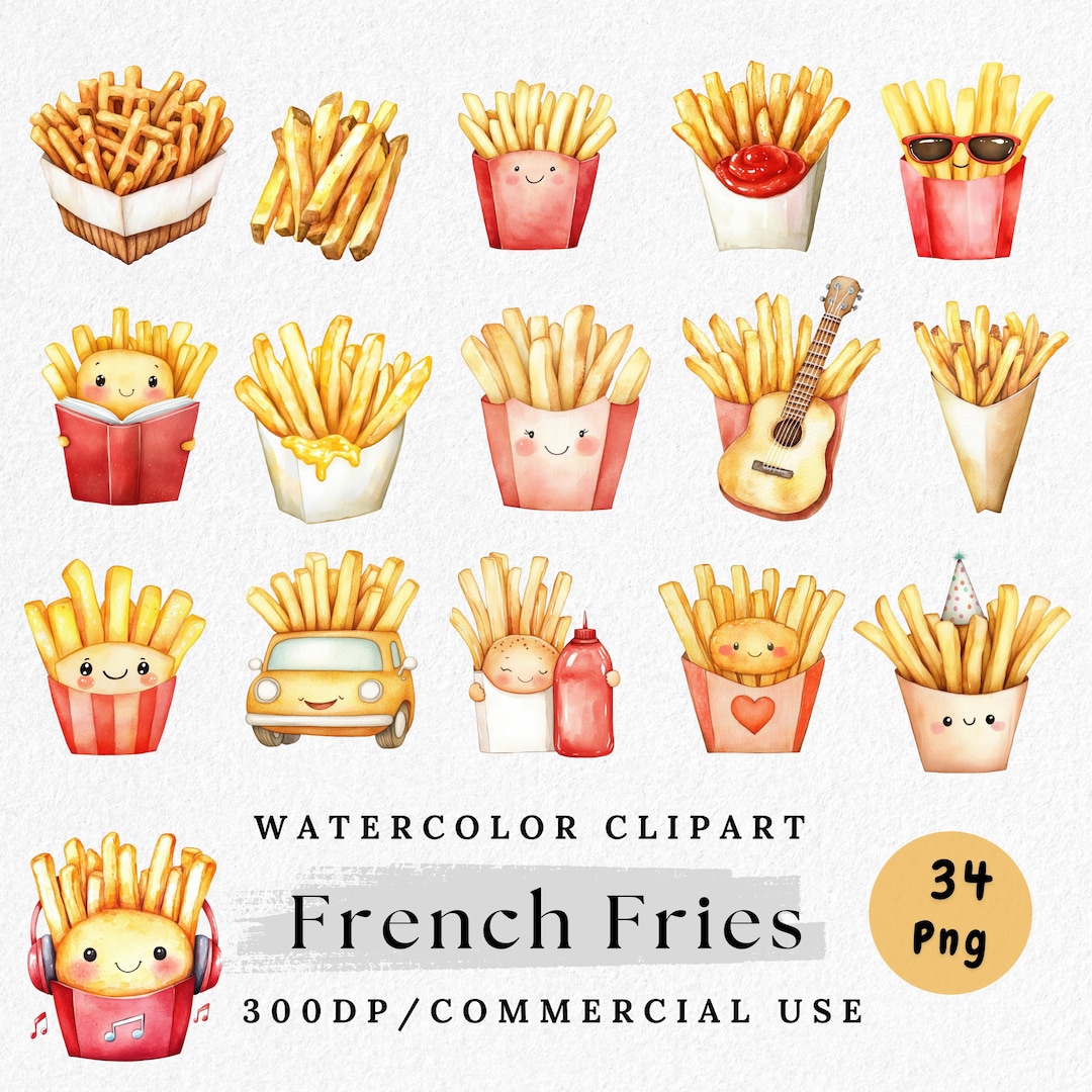 French Fries Clipart Bundle, Cute Fries Character PNG, Fast Food Art ...
