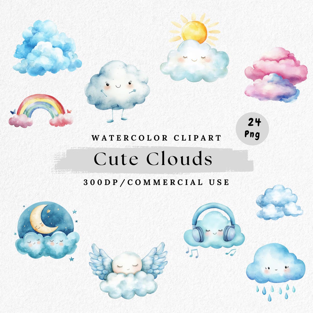 Cloud Clipart PNG, Cute Cloud Characters With Faces, Watercolor Weather ...