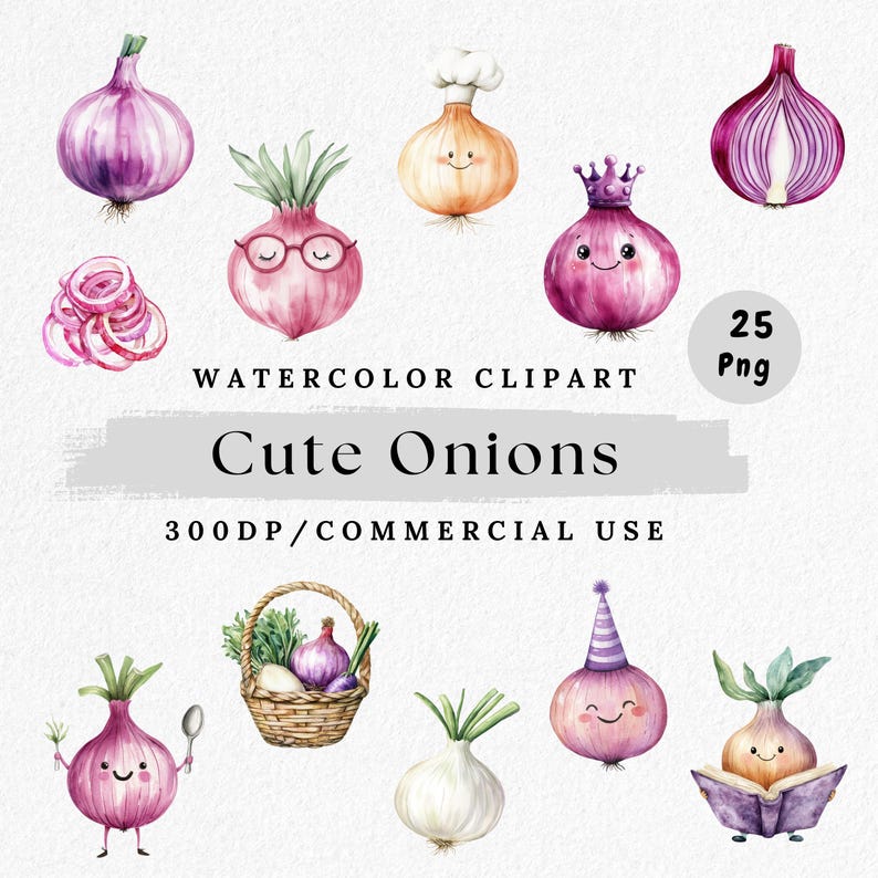 Cute Onion Clipart Bundle, Kawaii Onion Character PNG, Watercolor ...