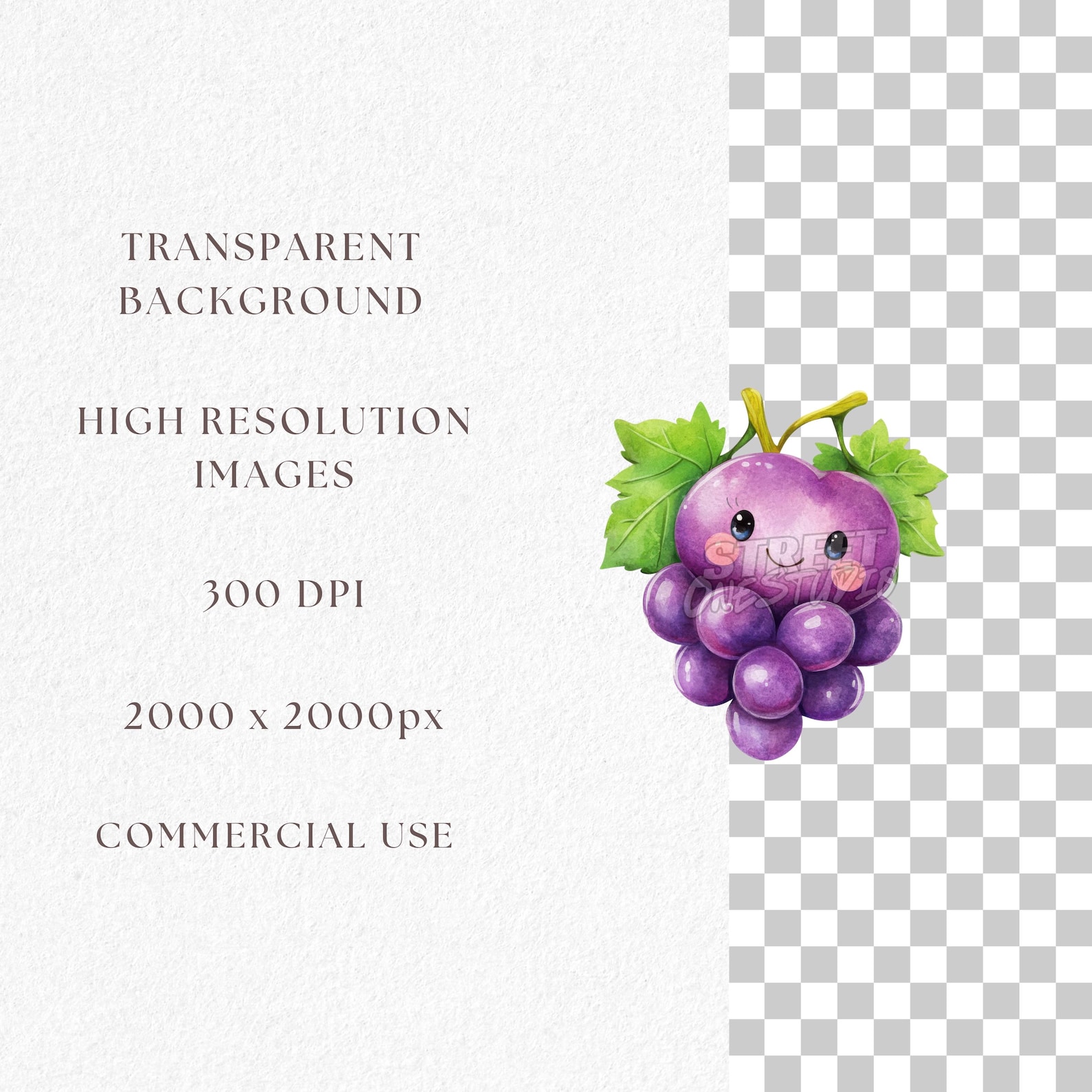 Grapes Clipart Bundle, Cute Grape PNG, Kawaii Fruit PNG, Watercolor ...