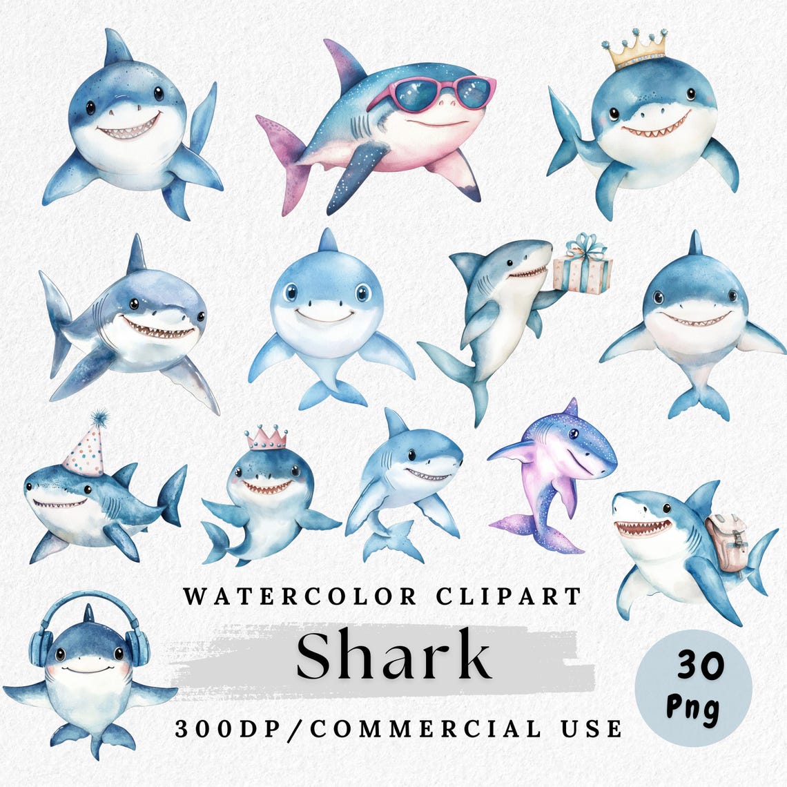 Shark Clipart Bundle, Cute Shark Pngs, Watercolor Ocean Animal PNG ...
