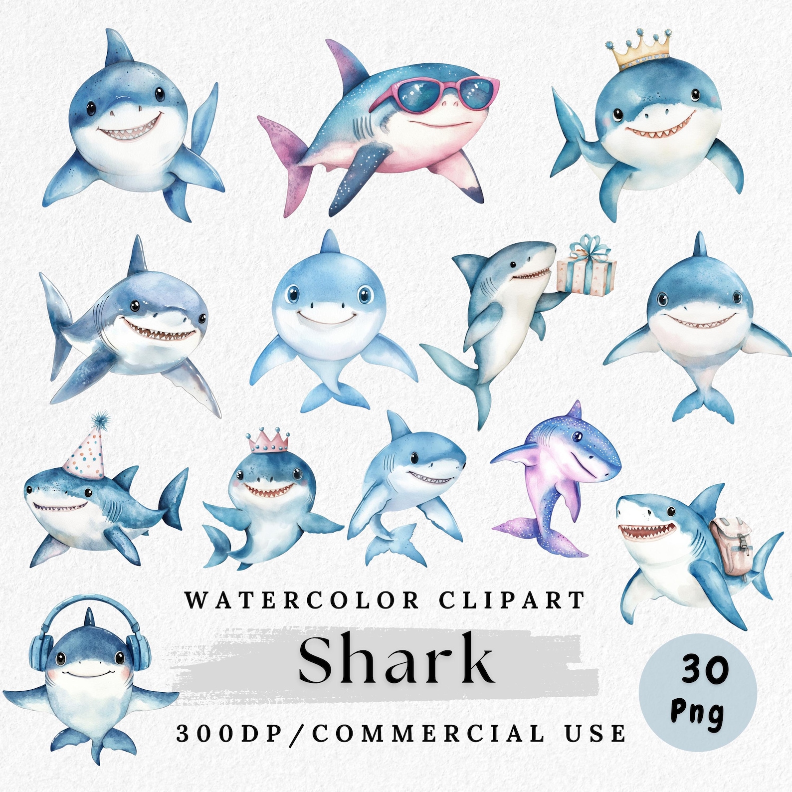 Shark Clipart Bundle, Cute Shark Pngs, Watercolor Ocean Animal PNG ...