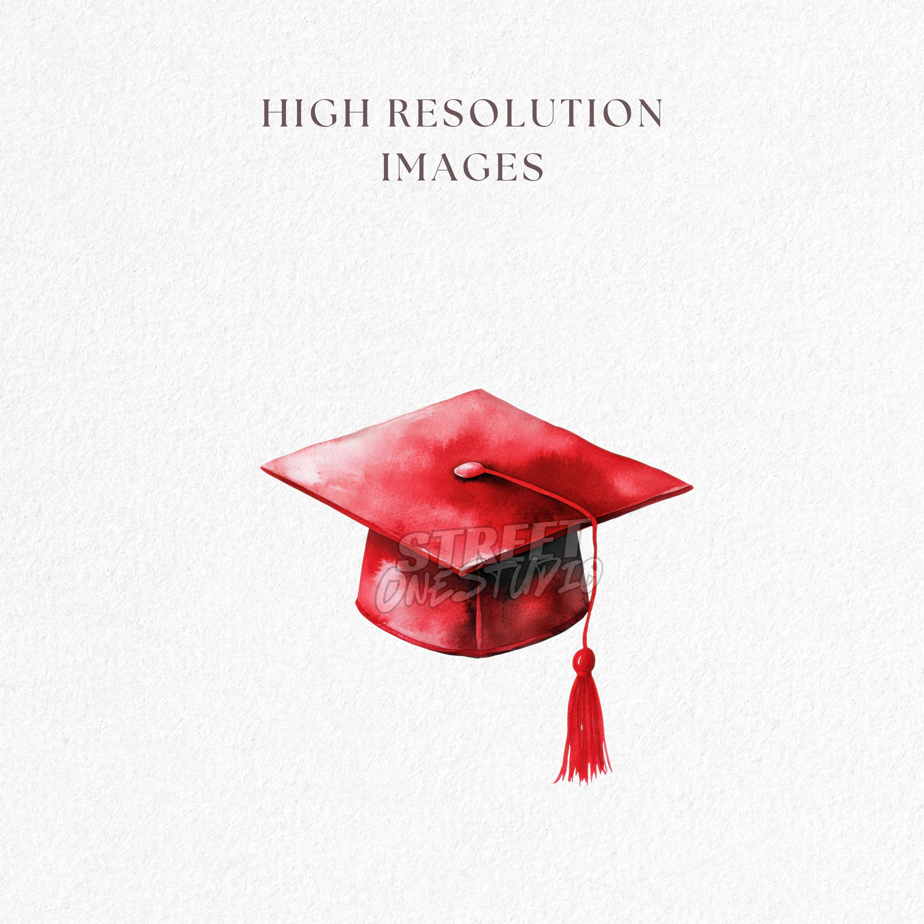 Watercolor Red Graduation Cap Clipart: 10 PNG Files (digital Download ...