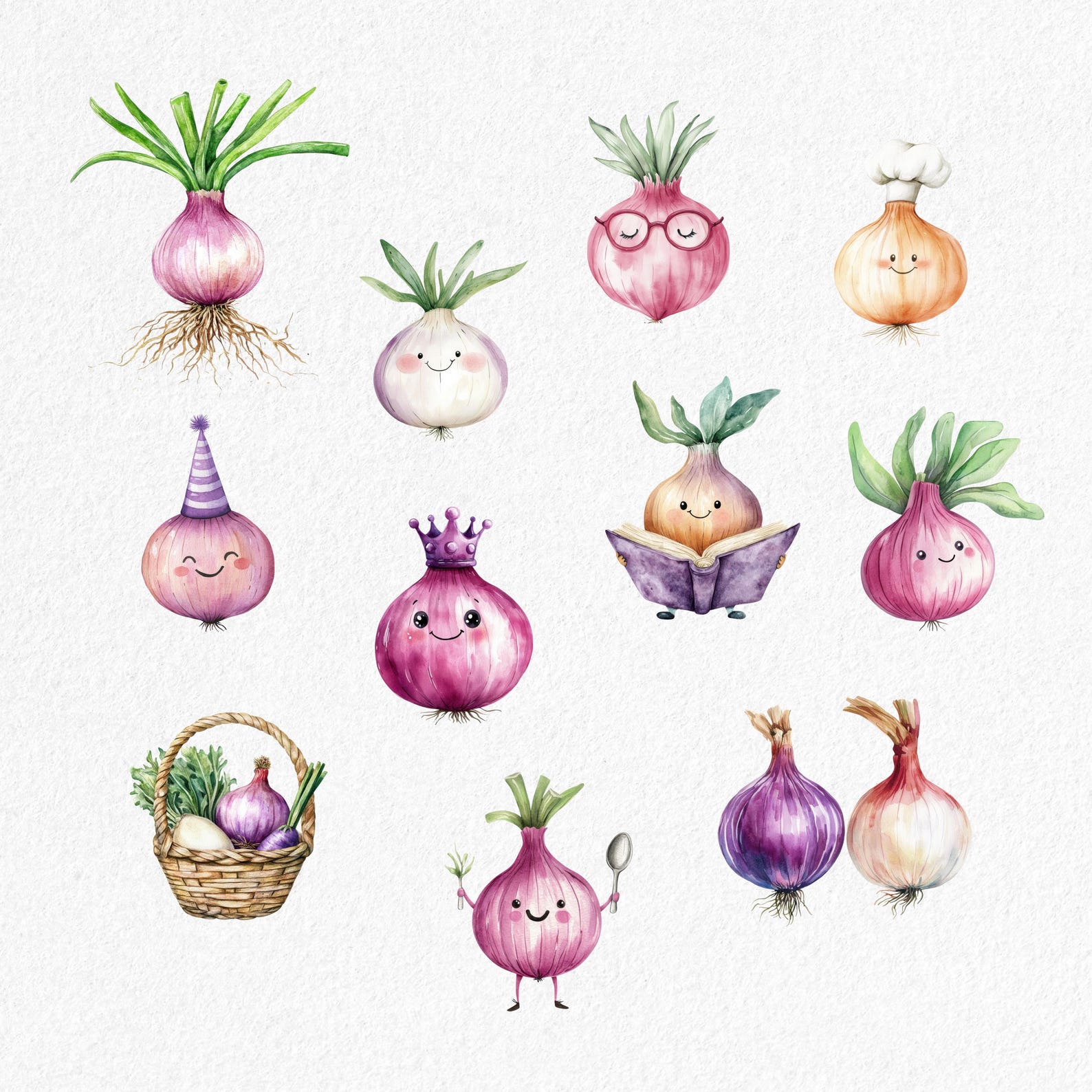 Cute Onion Clipart Bundle, Kawaii Onion Character PNG, Watercolor ...