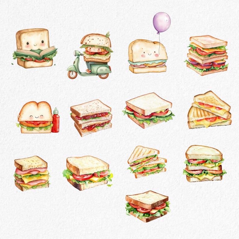 Sandwich Clipart Bundle, Cute Watercolor Sandwiches PNG, Fast Food Clip ...
