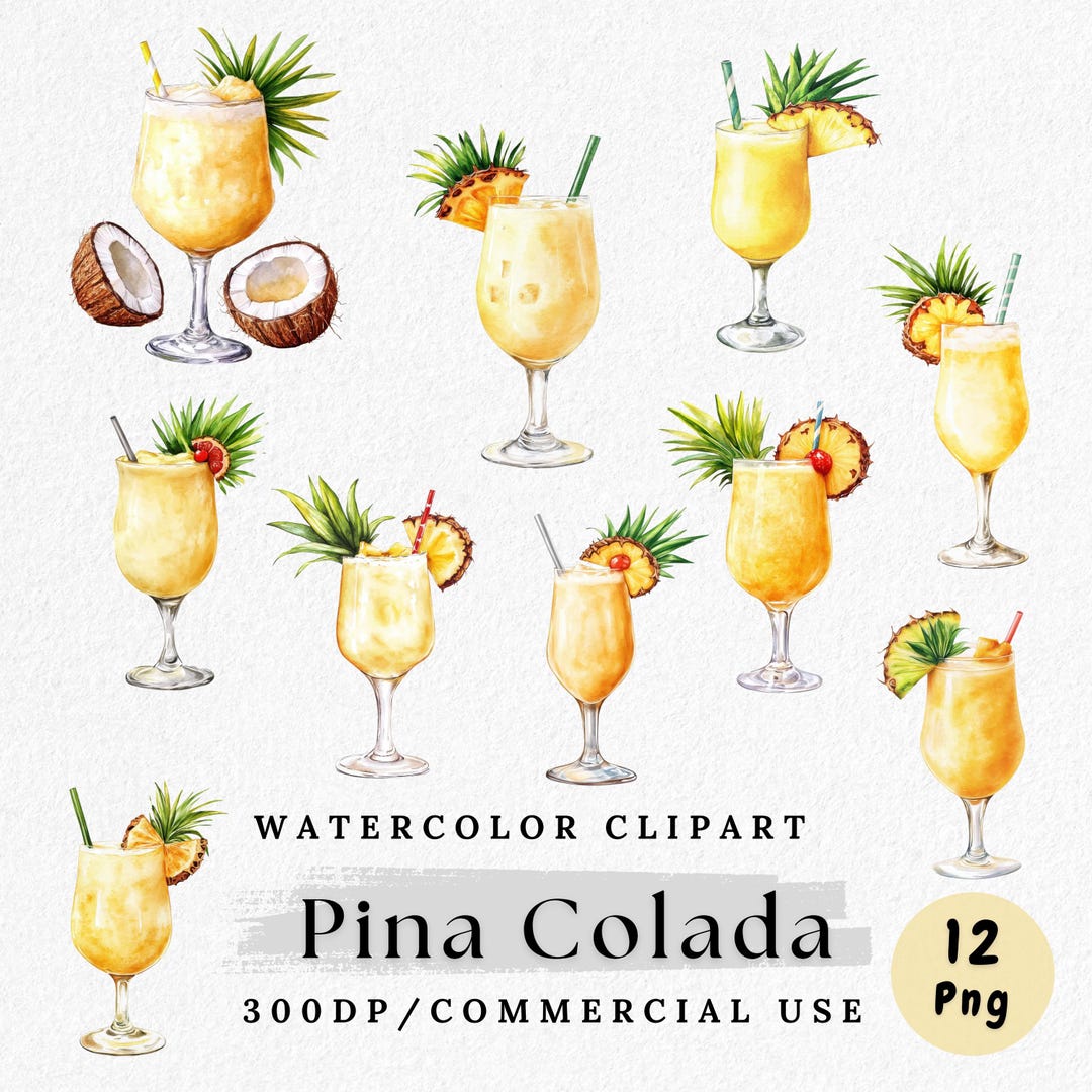 Watercolor Pina Colada Clipart: Tropical Drink PNG Graphics (digital ...