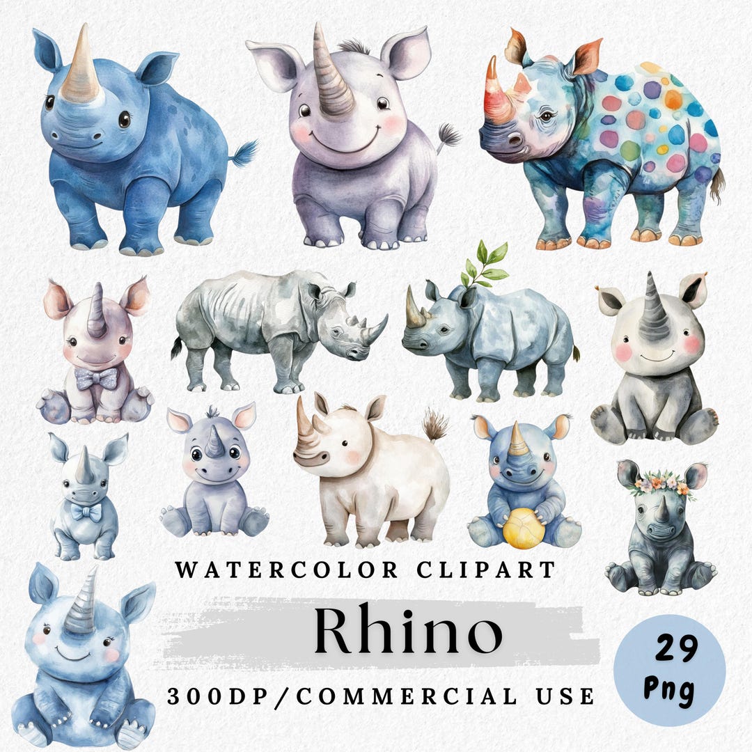 Rhino Clipart, Watercolor Rhino PNG, Rhinoceros Clip Art, Safari Animal ...