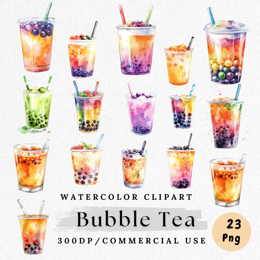 Watercolor Bubble Tea Clipart: Kawaii Boba PNG Graphics (commercial Use ...