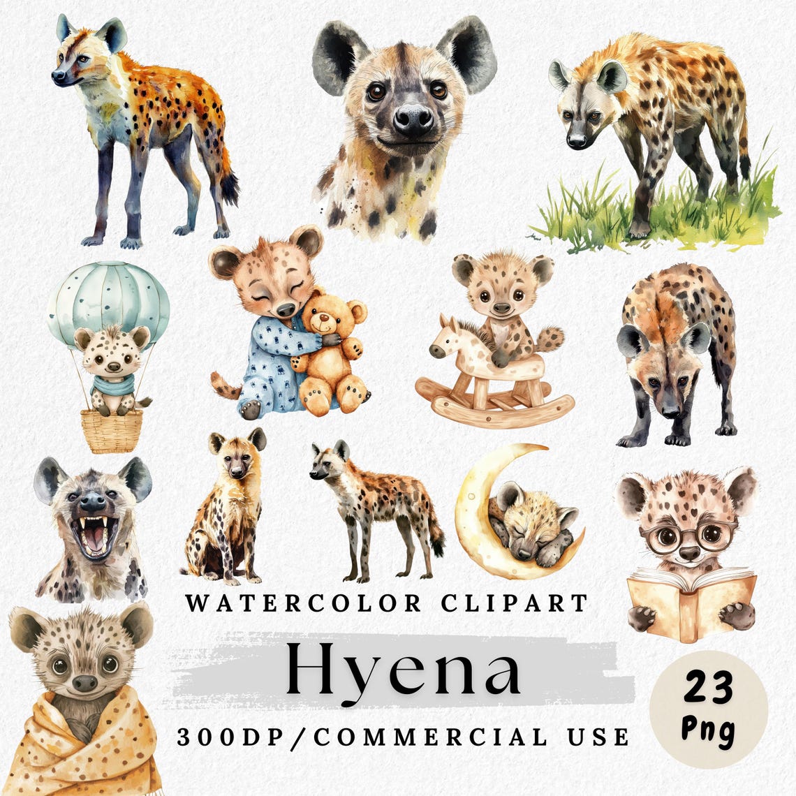 Watercolor Hyena Clipart: Safari Animal PNG Images (digital Download ...