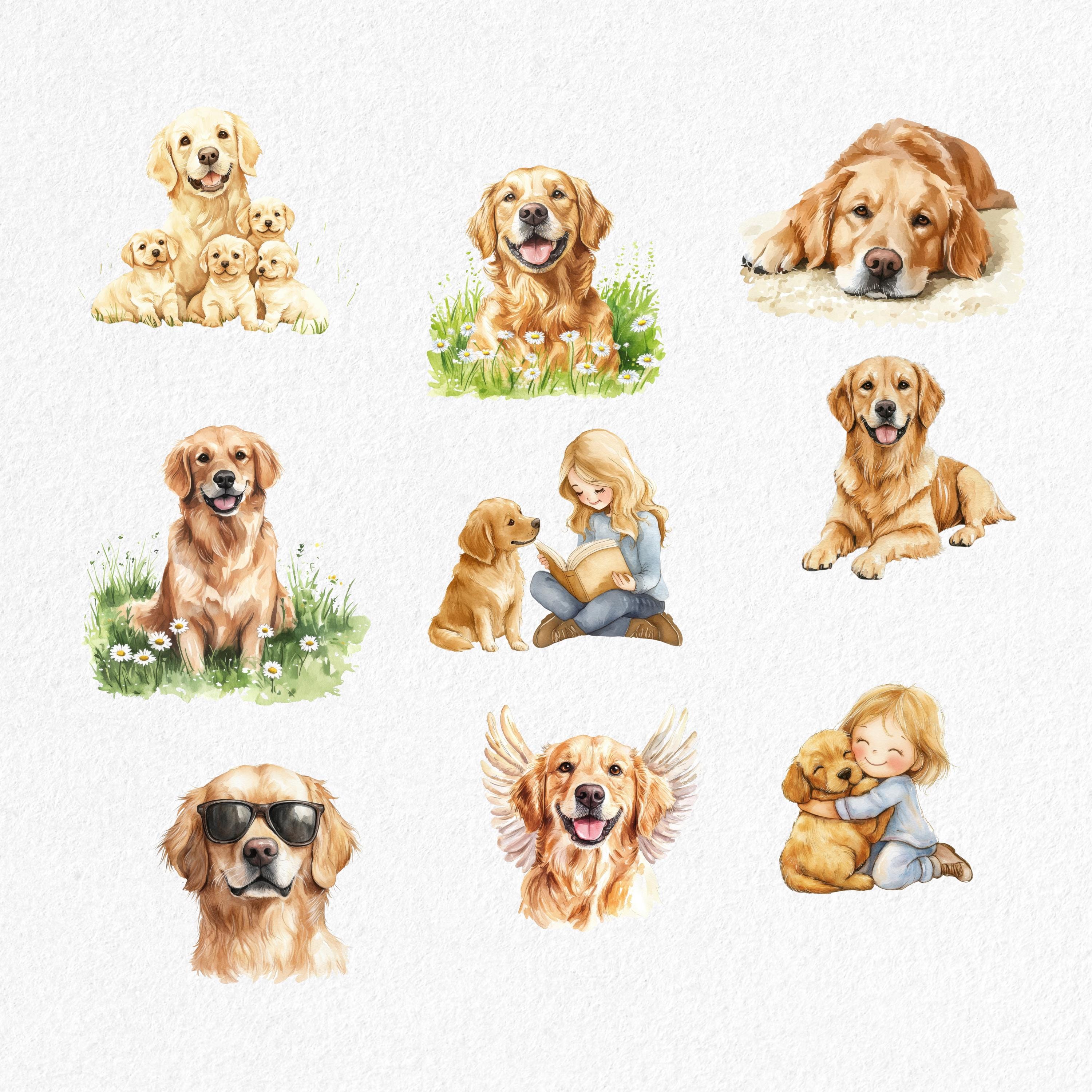 Golden Retriever Clipart, Cute Dog PNG Bundle, Watercolor Golden ...