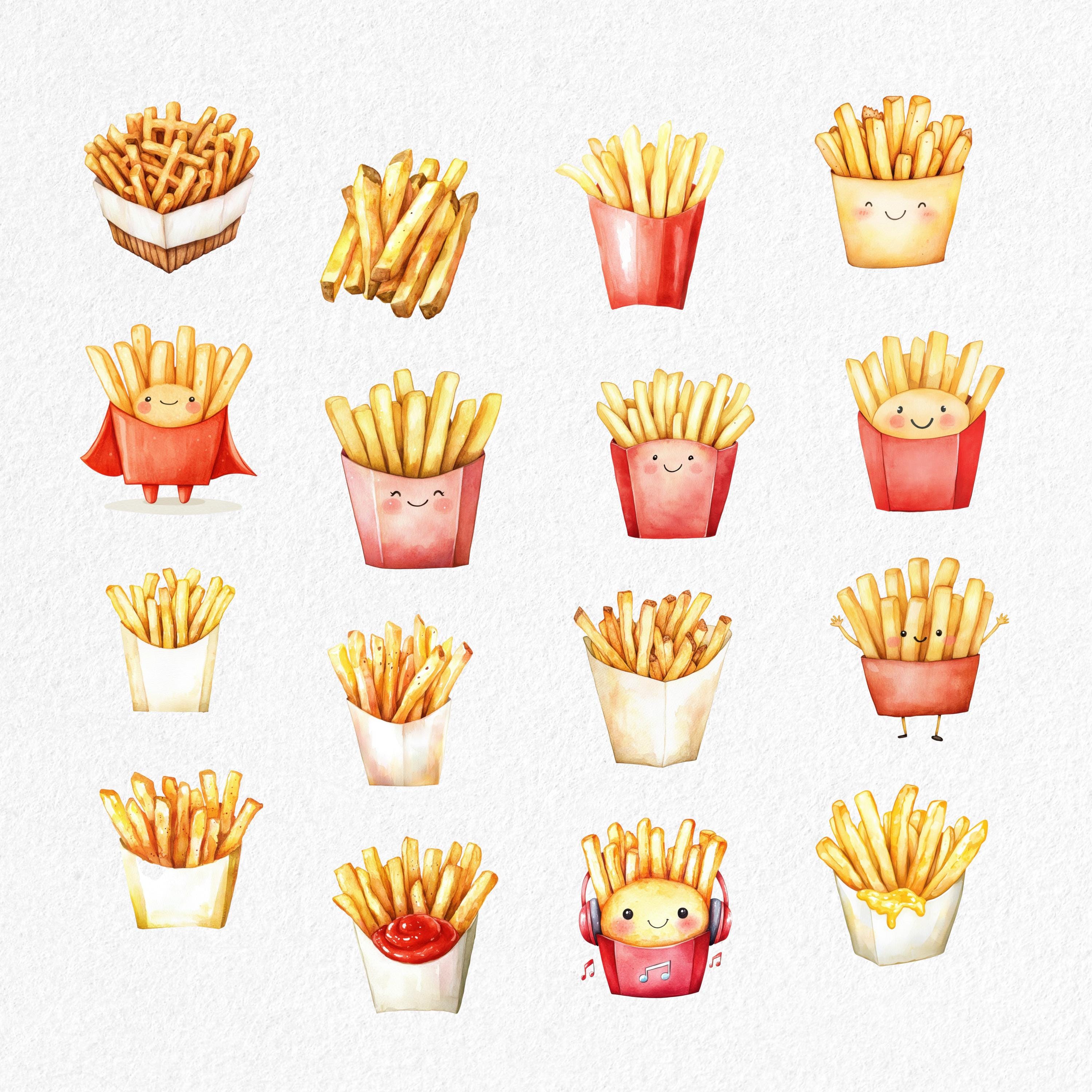 French Fries Clipart Bundle, Cute Fries Character PNG, Fast Food Art ...
