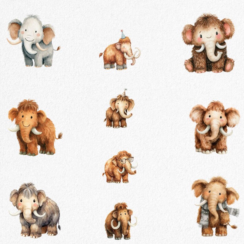Mammoth Clipart, Cute Mammoth PNG Bundle, Watercolor Ice Age ...