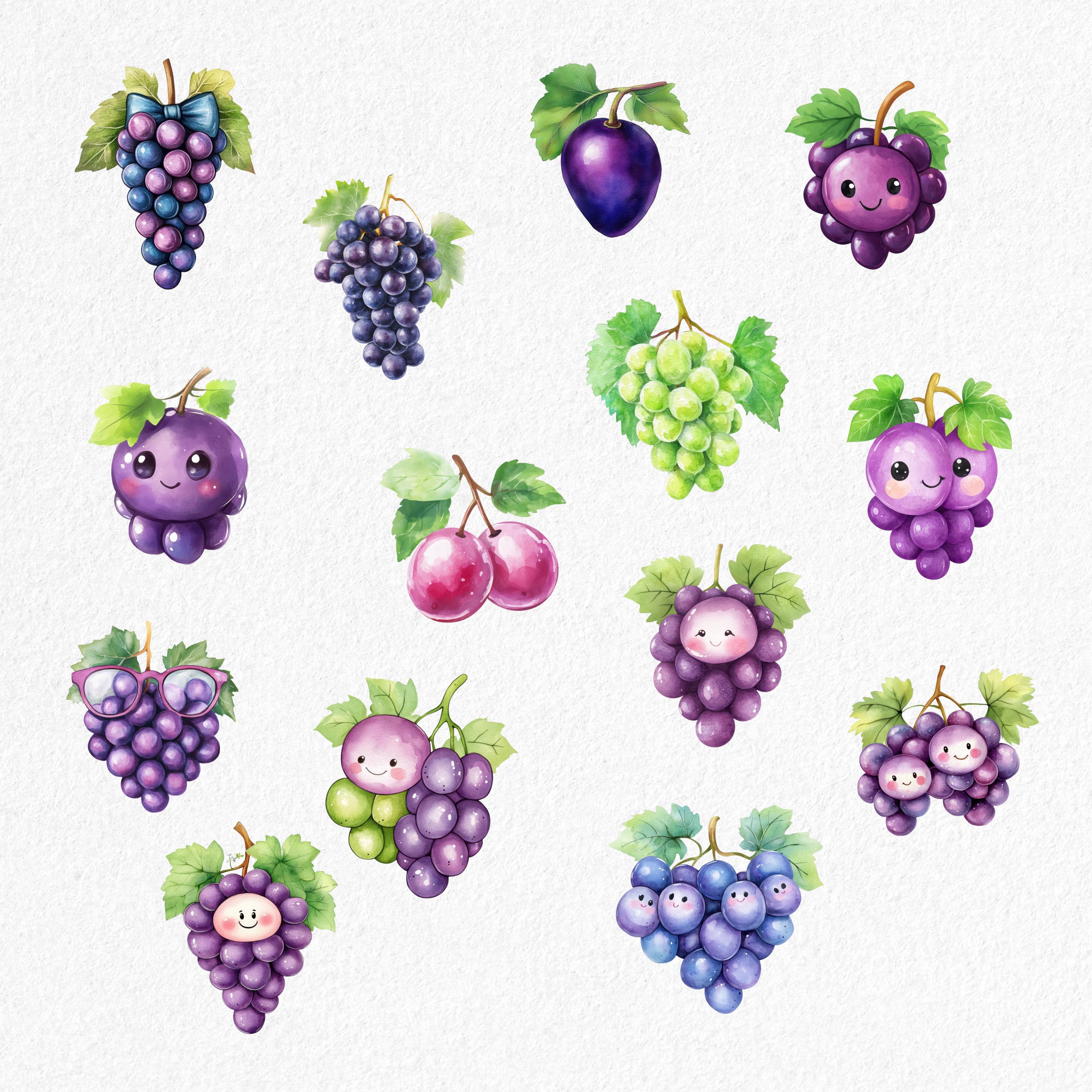 Grapes Clipart Bundle, Cute Grape PNG, Kawaii Fruit PNG, Watercolor ...
