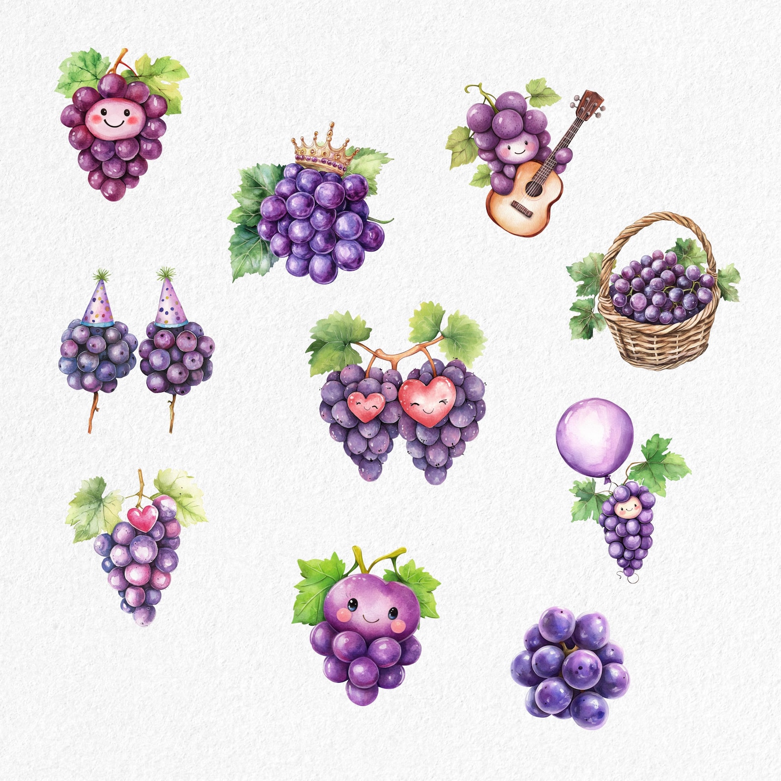 Grapes Clipart Bundle, Cute Grape PNG, Kawaii Fruit PNG, Watercolor ...