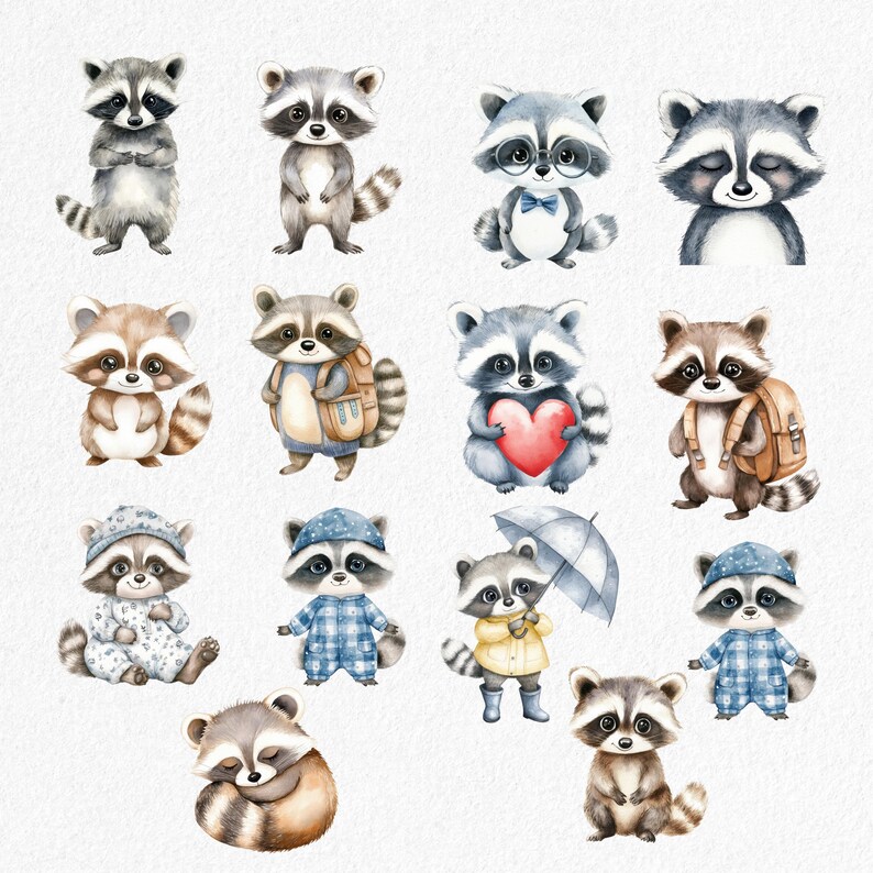 Cute Raccoon Clipart Bundle, Kawaii Woodland Animal Character, Forest ...