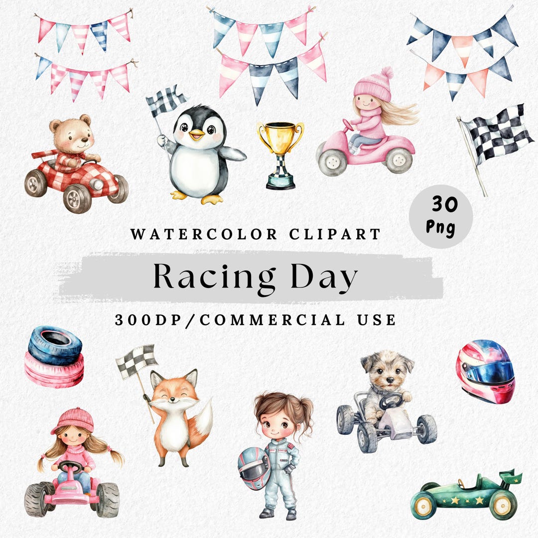 Watercolor Racing Clipart Bundle, Cute Race Car Animals PNG, Kawaii ...