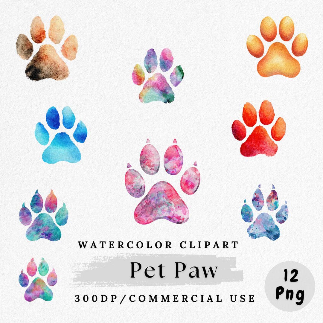 Watercolor Pet Paw Print Clipart: Dog Cat Paw PNG Bundle (digital ...
