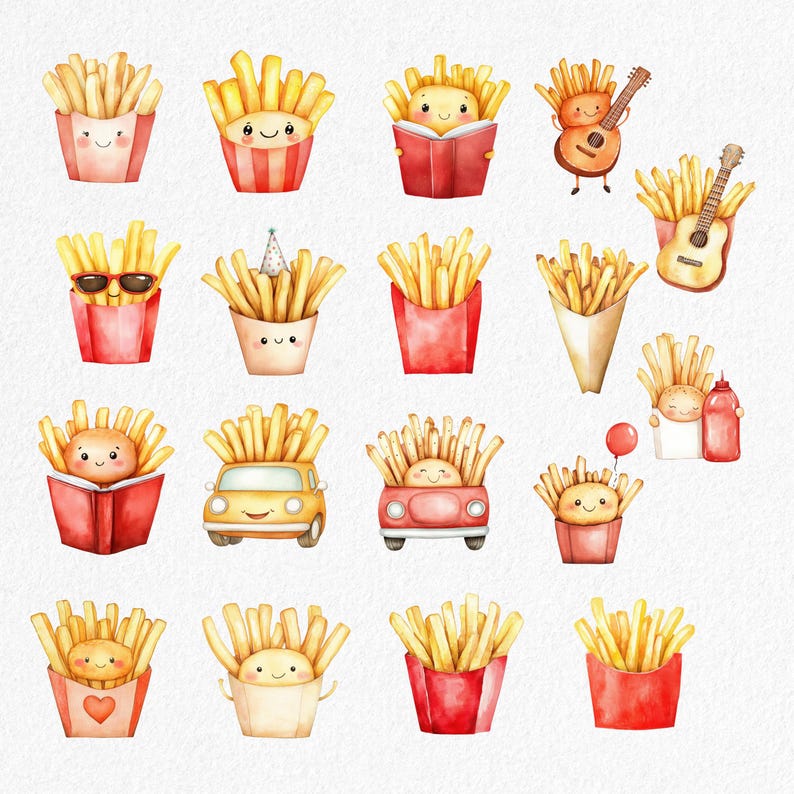 French Fries Clipart Bundle, Cute Fries Character PNG, Fast Food Art ...