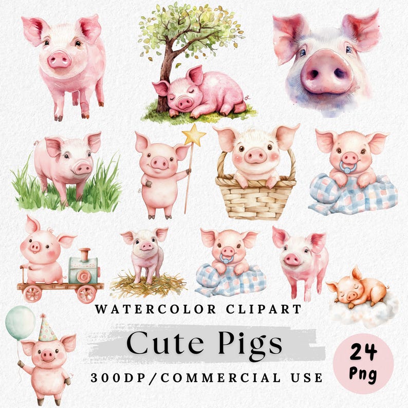 Pig Clipart, Watercolor Pig PNG, Cute Farm Animal Clip Art, Baby Pig ...