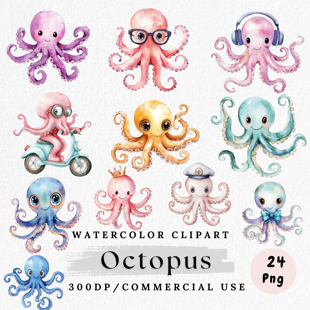 Octopus Clipart Bundle, Cute Octopus PNG, Watercolor Ocean Animal ...