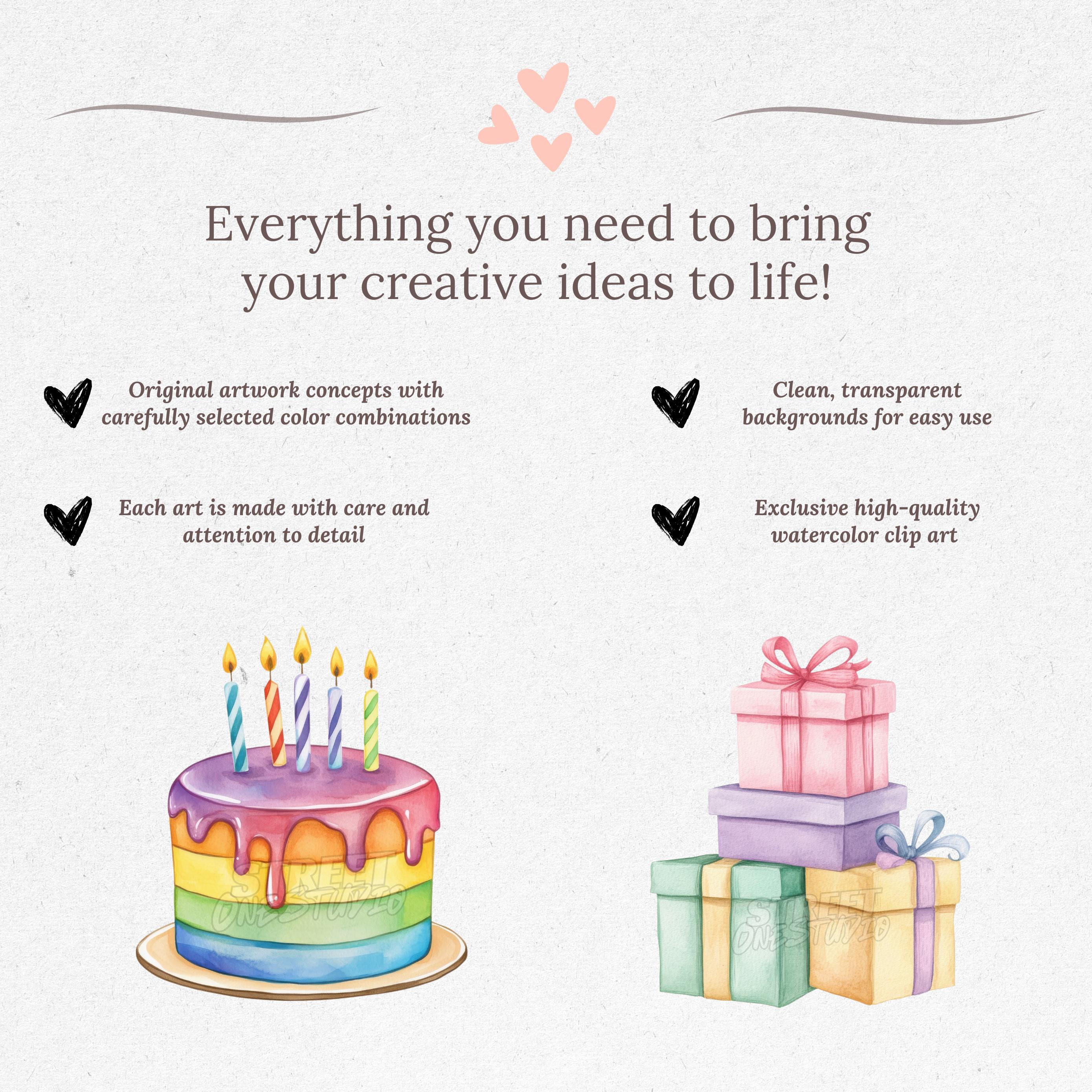 Watercolor Birthday Clipart Bundle, Cute Party Illustrations ...