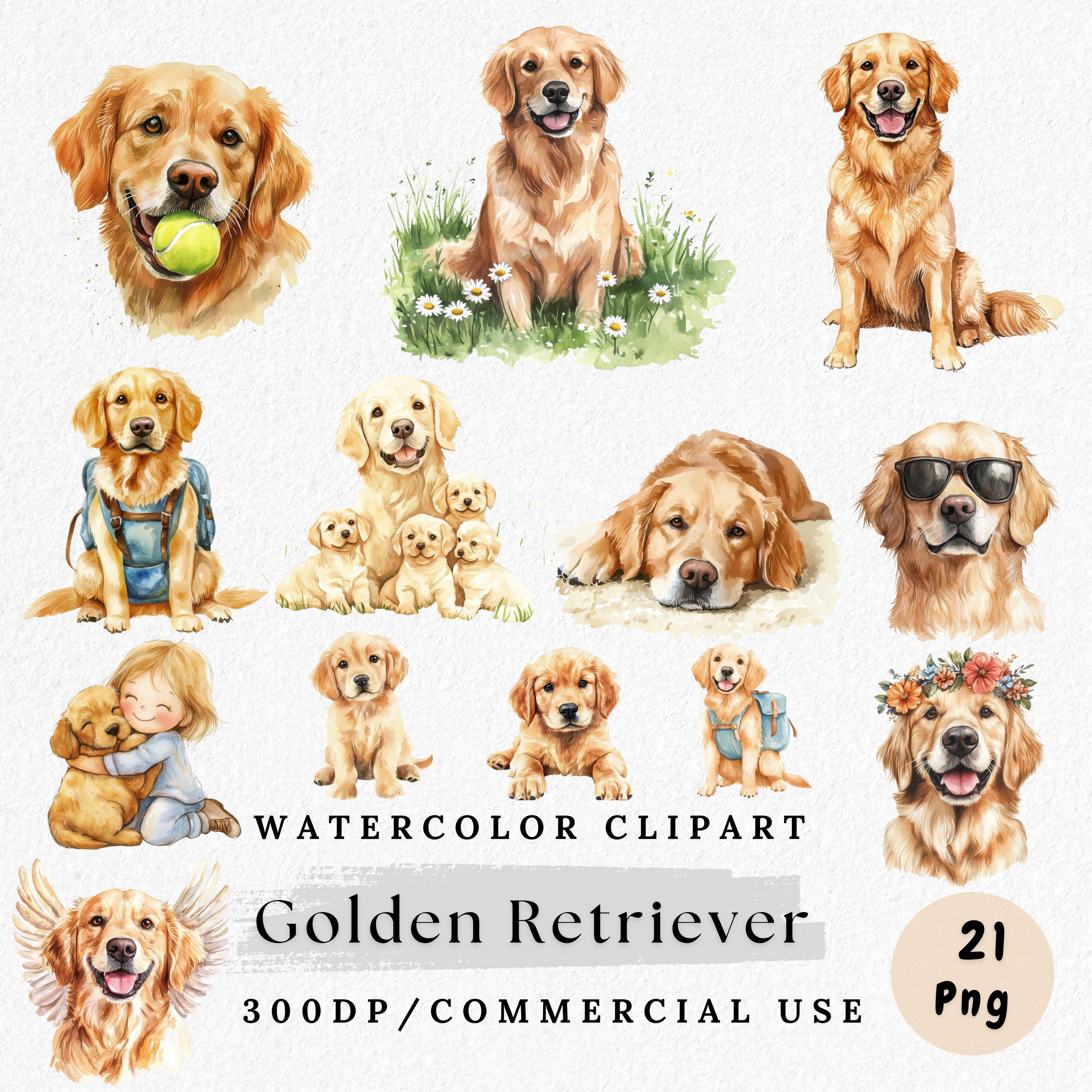 Golden Retriever Clipart, Cute Dog PNG Bundle, Watercolor Golden ...