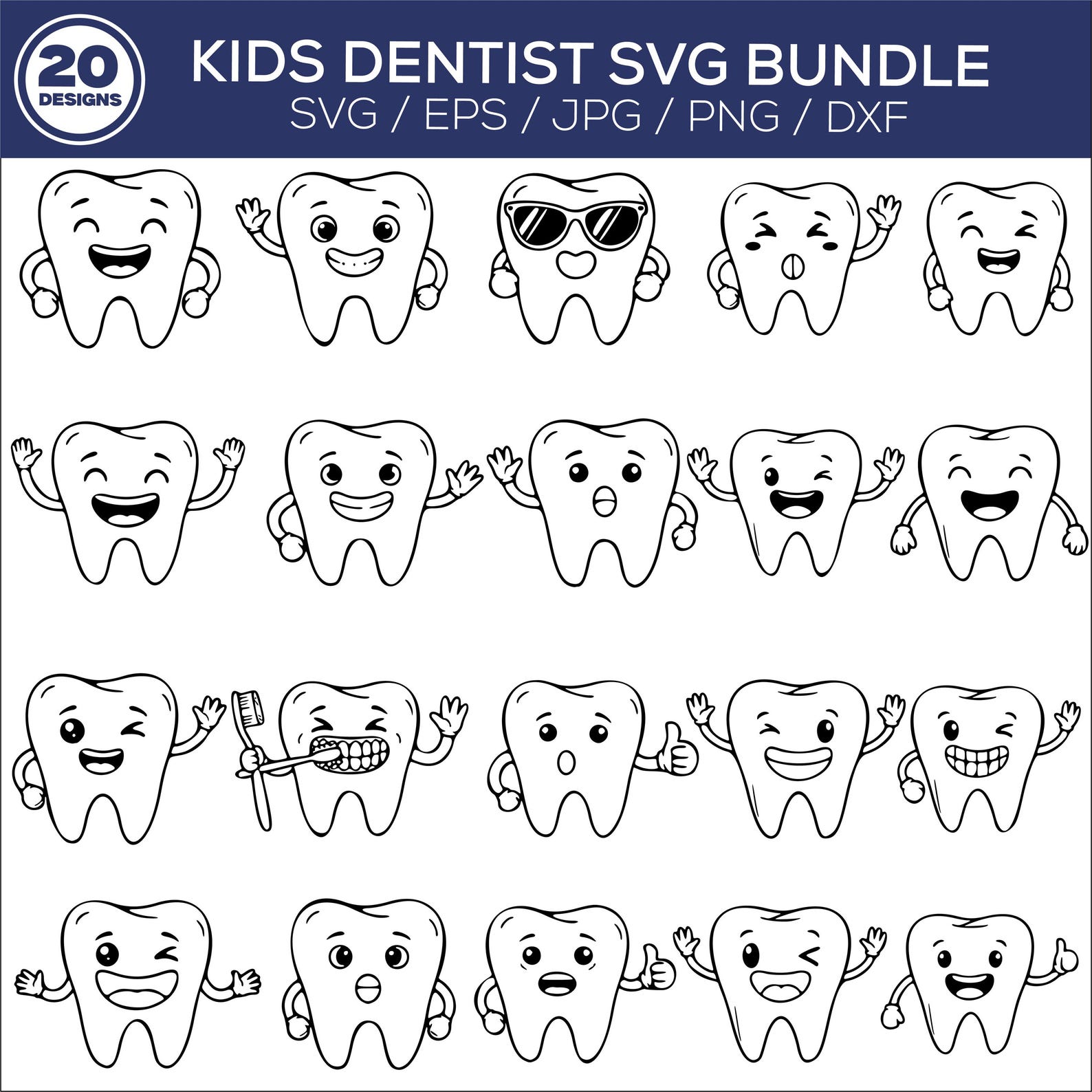 Kids Dentist SVG Bundle for Cricut, Cute Tooth Character Line Art ...