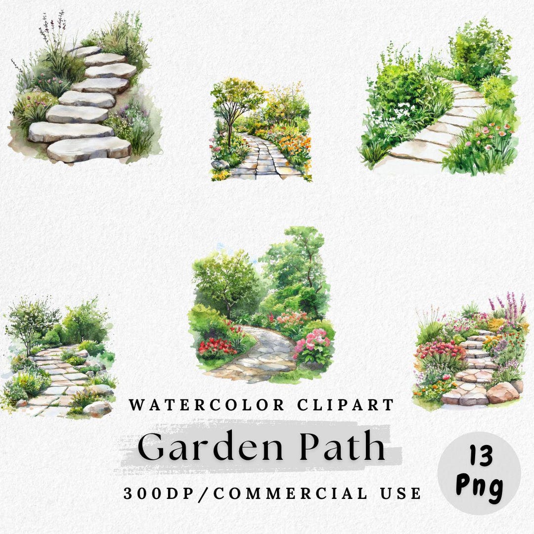 Watercolor Garden Path Clipart: Floral Stone Trail PNG (digital ...