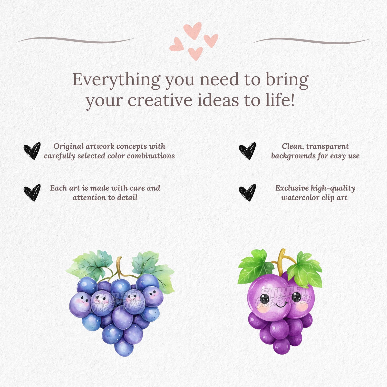 Grapes Clipart Bundle, Cute Grape PNG, Kawaii Fruit PNG, Watercolor ...