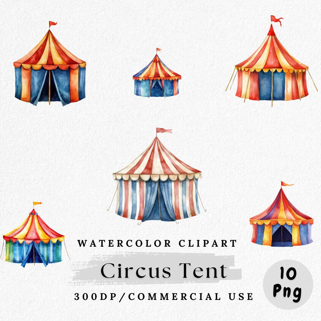 Watercolor Circus Tent Clipart: Big Top Carnival PNG Set (digital ...
