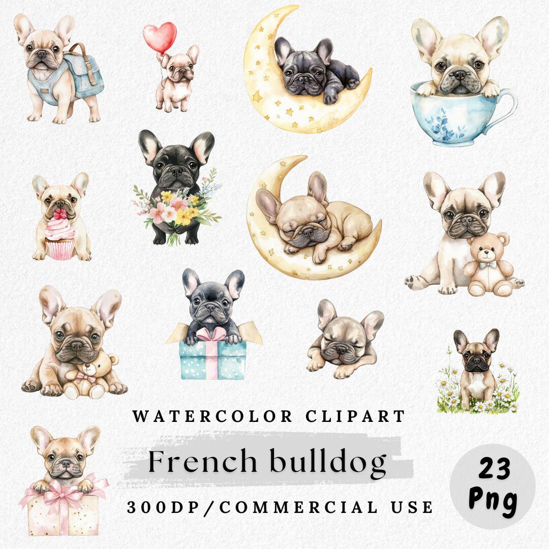 French Bulldog Clipart, Watercolor Puppy, Cute Frenchie Art, Small Dog ...