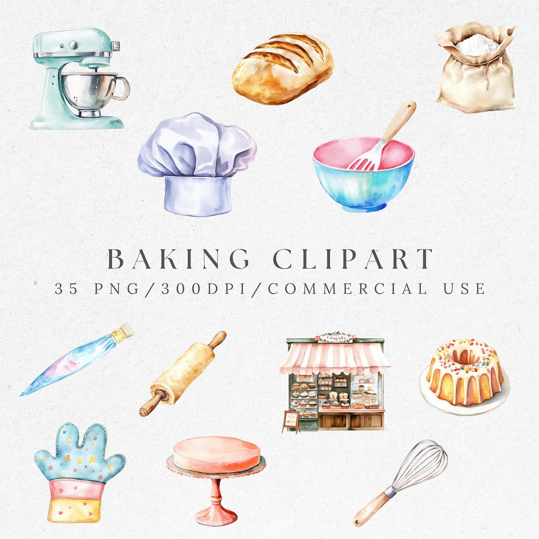 Watercolor Baking Clipart PNG: Bread, Cupcake, Whisk (digital Download ...