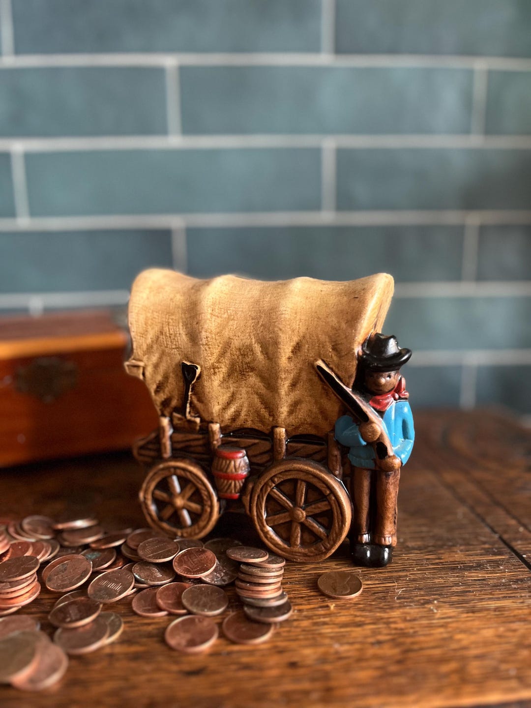Vintage Covered Wagon Cowboy Ceramic Piggy Bank Wild West Made in Japan ...