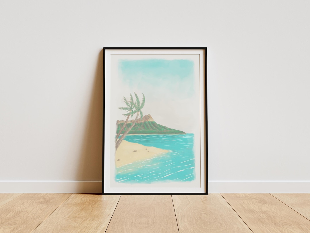 Hawaii Wall Art, Diamond Head Poster, Beach House Wall Decor, Palm Tree ...
