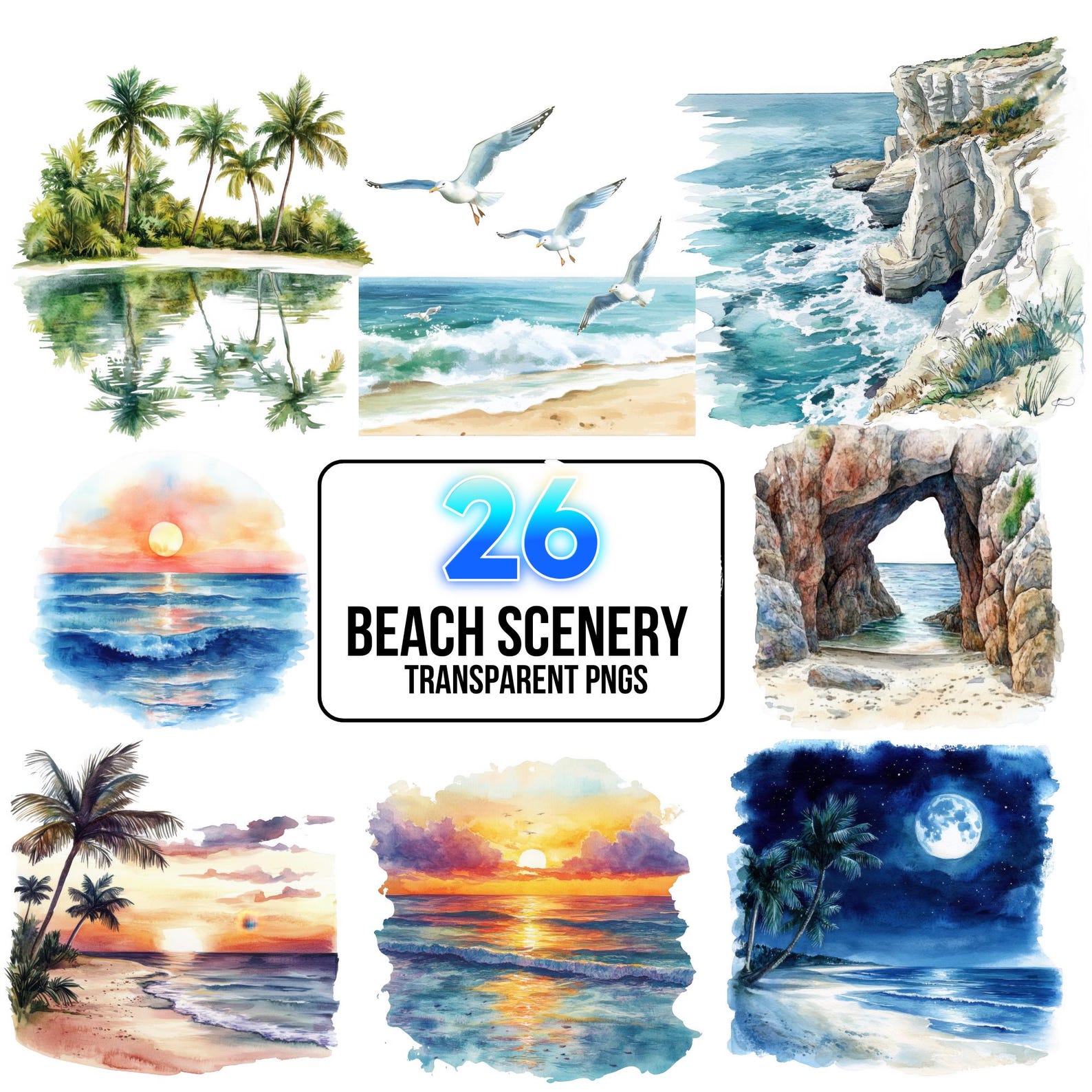 Beach Scenery Clipart PNG, Beach, Sand and Palm Trees Clipart ...