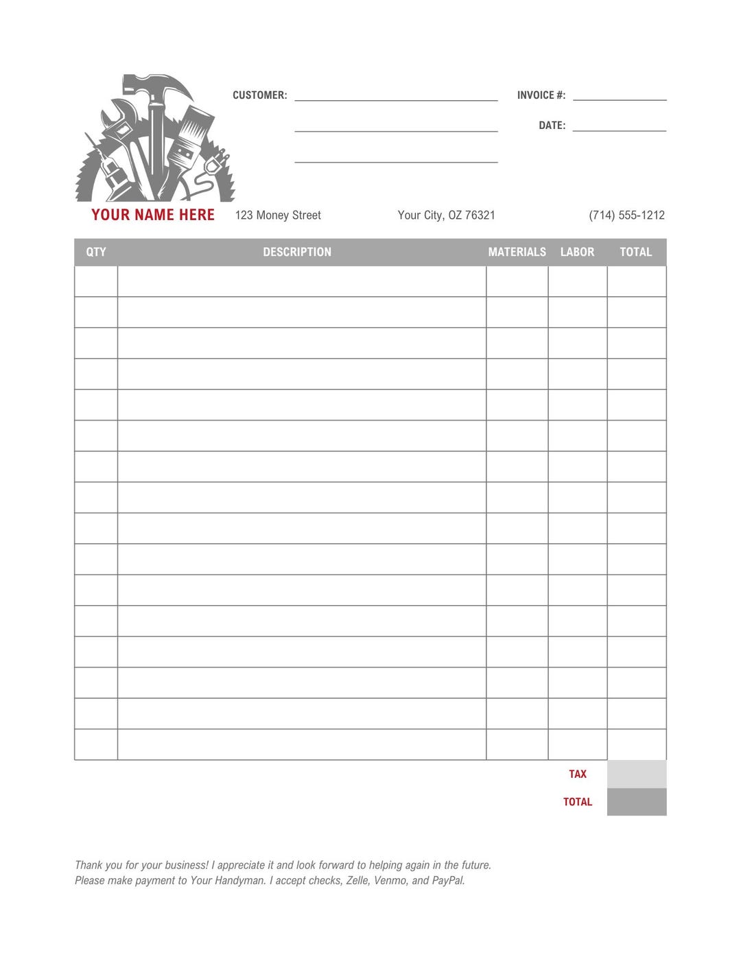 Handyman Invoice Editable Invoice Digital Invoice Simple Invoice ...