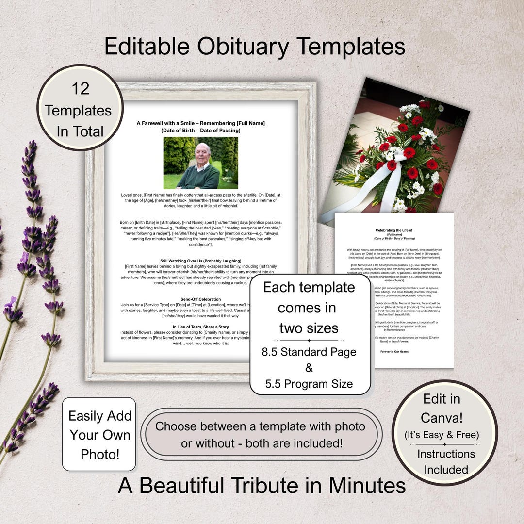 Editable Obituary Template Bundle • Printable Celebration of Life ...