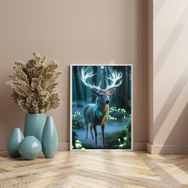 Crystal Stag Art Print - Mystical Glowing Deer - Enchanted Forest Wall ...